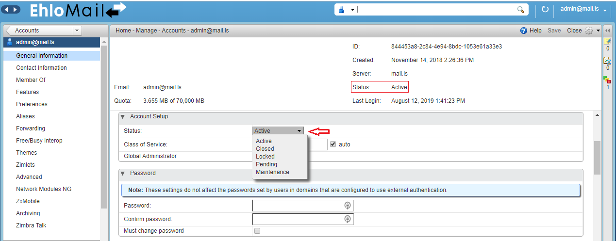Changing account status | EhloMail User Guide